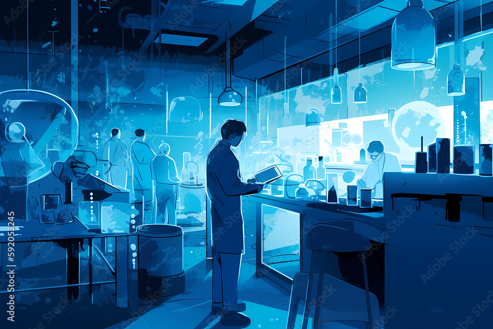 abstract digital artwork of scientists engaged in scientific ...