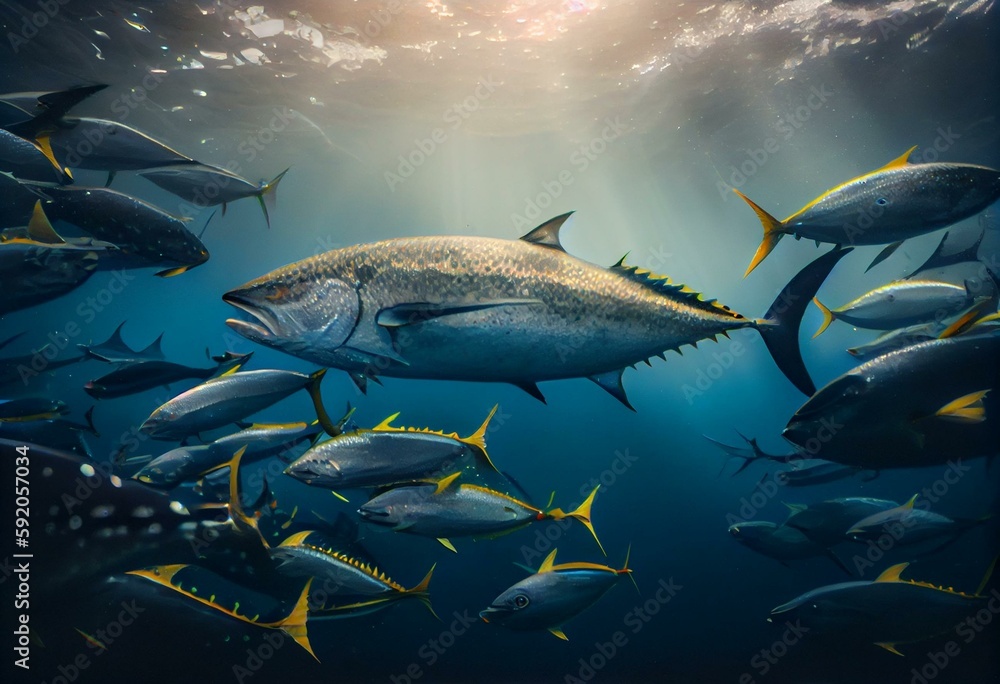 School of Yellowfin Tuna - Yellowfin tuna fish swim in large groups ...