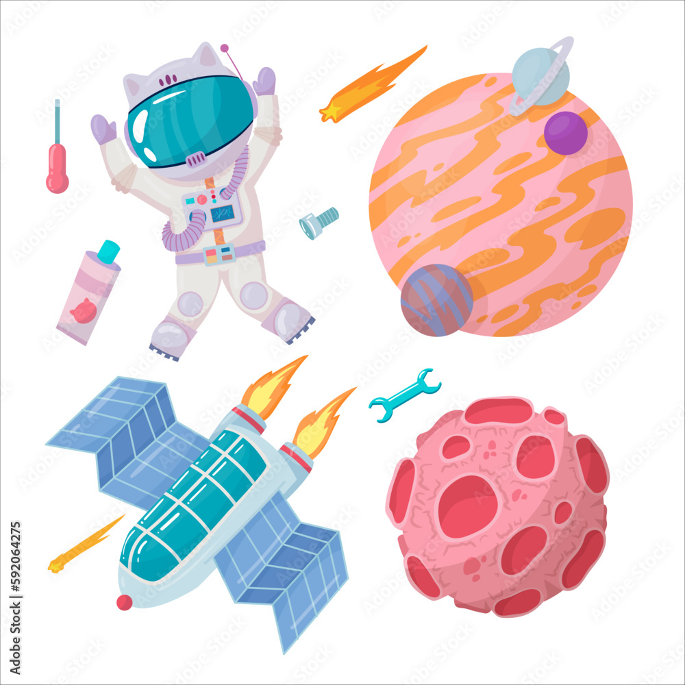 Grafika wektorowa Stock: Astronaut. A set of objects: UFOs, spaceships ... Grafika wektorowa Stock: Astronaut. A set of objects: UFOs, spaceships ...