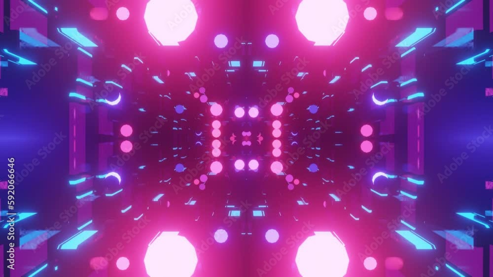 Fly through symmetrical tunnel with neon glow 3d objects, sci fi glow ...