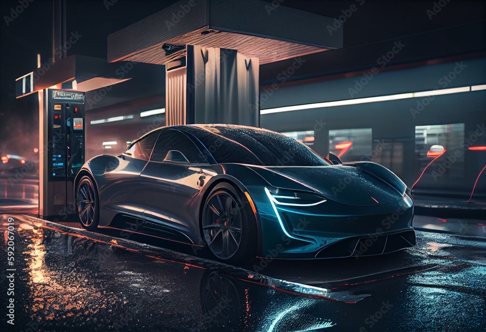 Cool futuristic and rare electric car at commercial charging charging ...