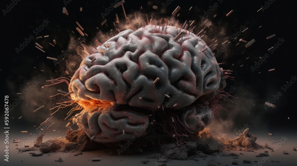 Brain with colorful powder explosion on a dark background. Mental ...