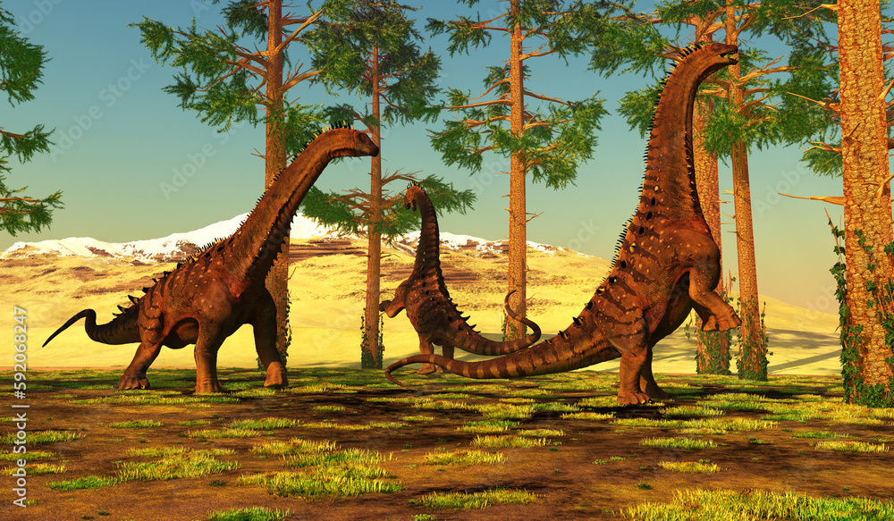 Photo & Art Print Alamosaurus eating Pine Trees - A group of ...
