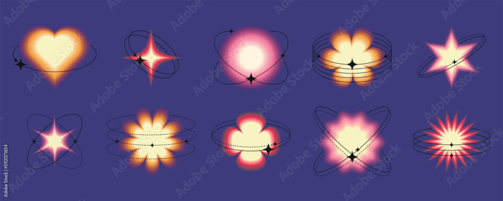 Blurred signs in Y2k style with linear shapes. Blurred, heart, circle ...