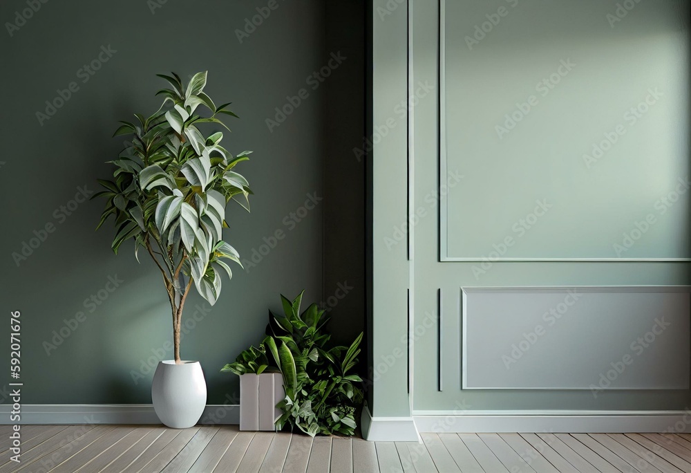 Blank sage green wall in house with green tropical tree in white modern ...