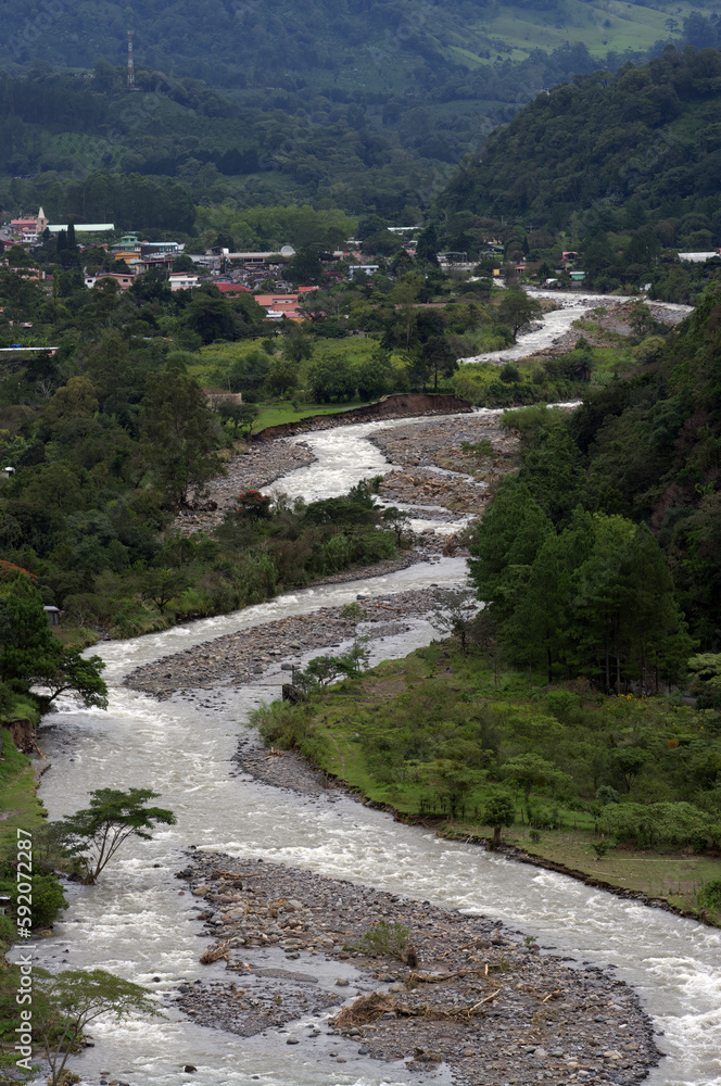 Caldera river in the town of Boquete in Panama shown during the rainy ...