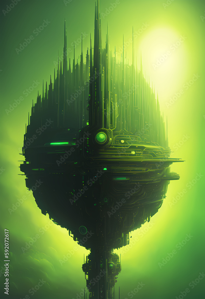 technological utopia cyberpunk city, sci fi, green light, fog, science ...