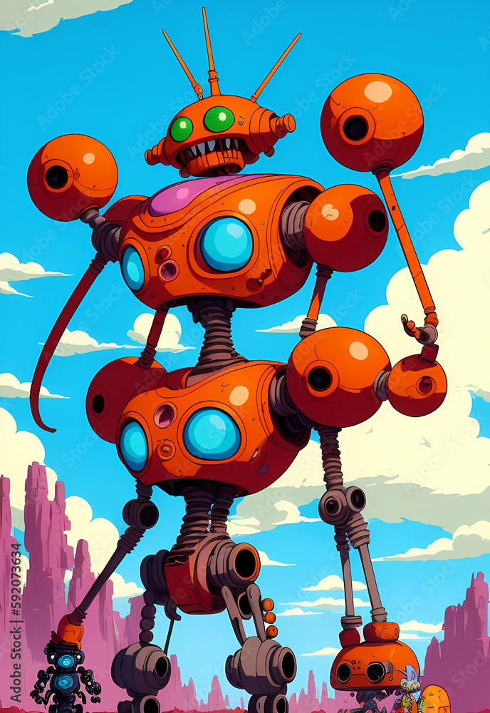 crazy comic robot android in vibrant colors out of space on an alien ...