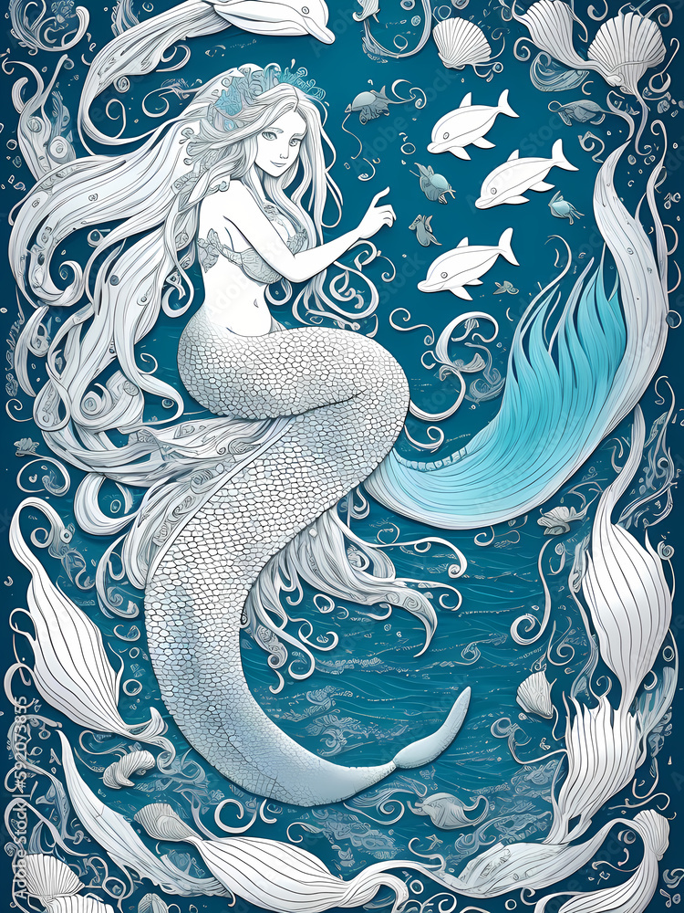 mermaid with long flowing hair and a fishtail in the ocean under the ...