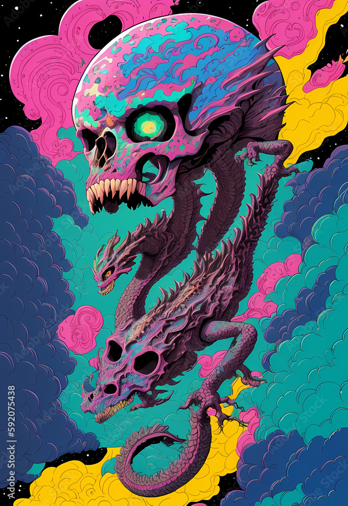 horror illustration of a moster with skullface, fire and clouds ...