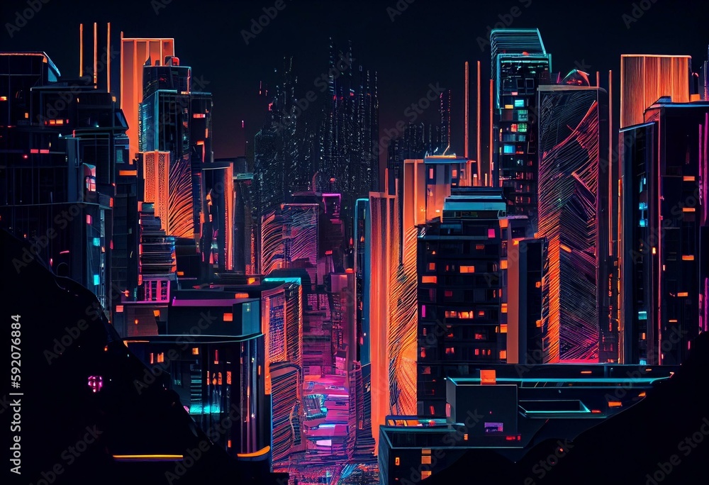 Modern metropolis night landscape in fluorescent, neon colors with ...