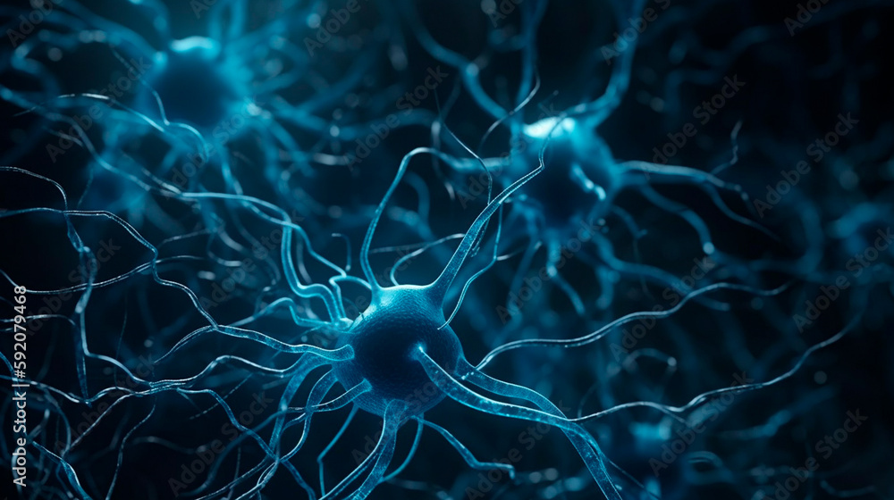 Nerve cell blue color banner, system neuron of brain with synapses ...