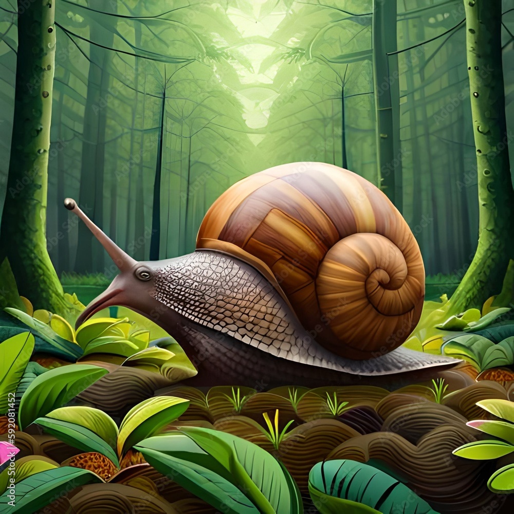 Snail with natural exotic road and forest background focus object ...
