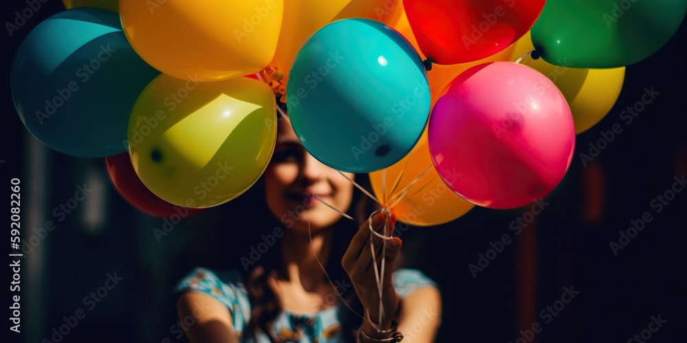 person holding handful of brightly colored balloons with vibrant scene ...