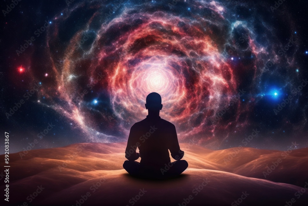 Silhouette of men in Lotus position on the abstract positive energy ...