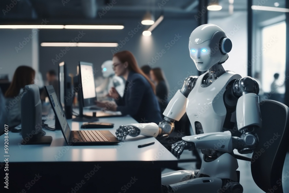 Robot working at computer among people. AI generated, human enhanced ...
