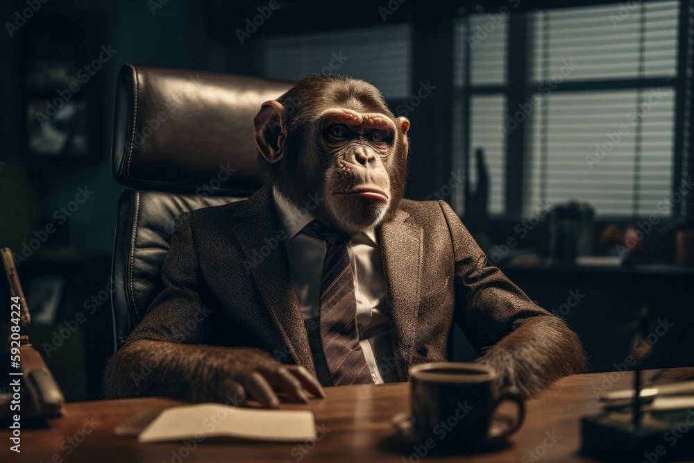 Monkey wearing suit in office. Businessman monkey sitting at office. AI ...