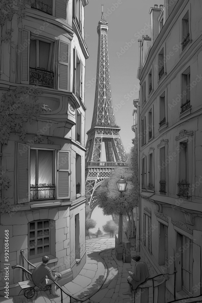 Illustrated Eiffel Tower art, in the style of charming character ...
