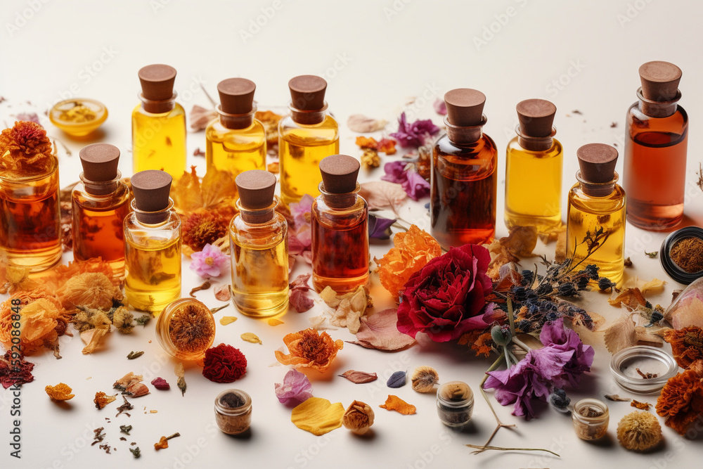 Perfumery ingredients on a vivid colors white soft background, flowers ...