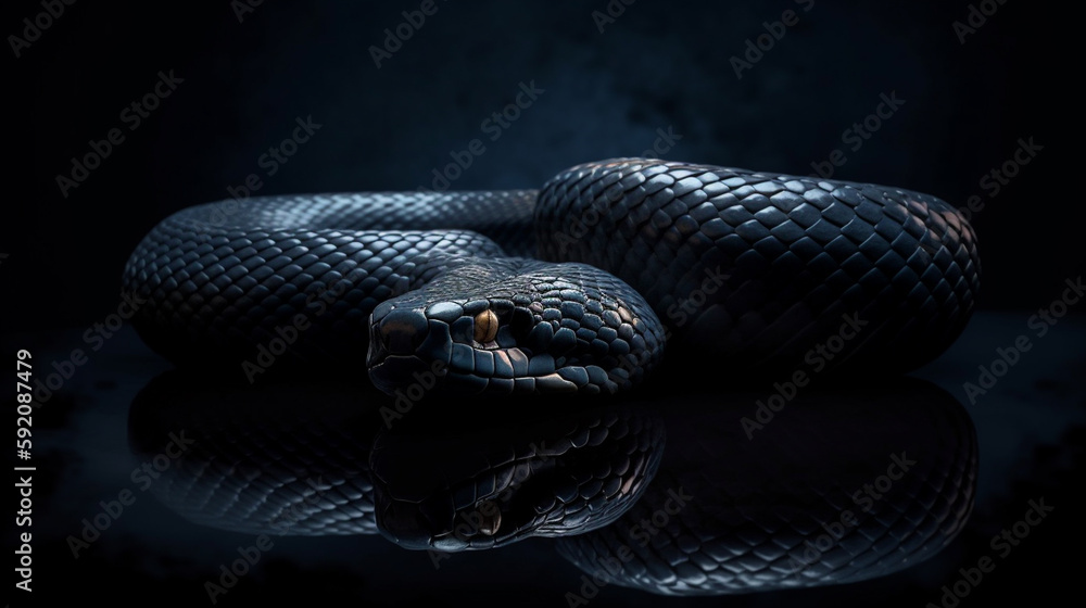 Image of snake on black background with water drops.generative ai Stock ...