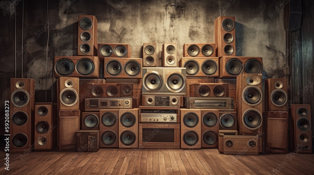 Old speaker wall, stack of vintage and retro style speakers, wooden ...