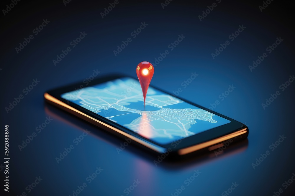 Cell phone with location icon, gps icon on mobile screen, blue ...