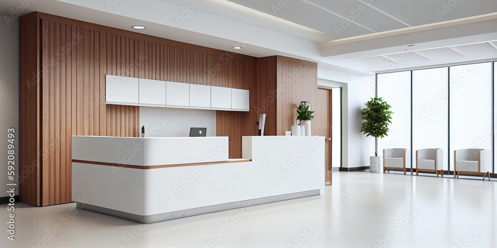 Clean and modern minimalist hospital reception with a white and wood ...