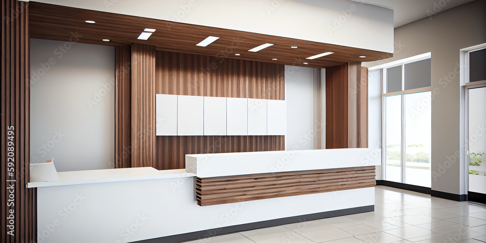 Clean and modern minimalist hospital reception with a white and wood ...