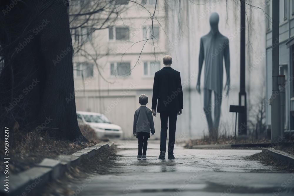 Slender man following child on street back view, created with ...