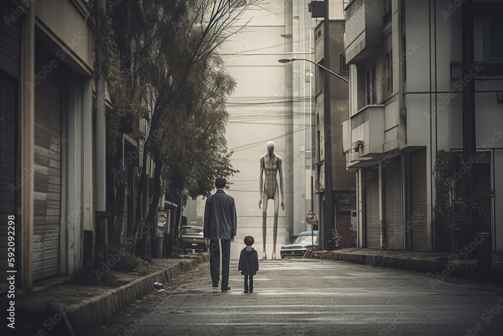 Slender man following child on street back view, created with ...