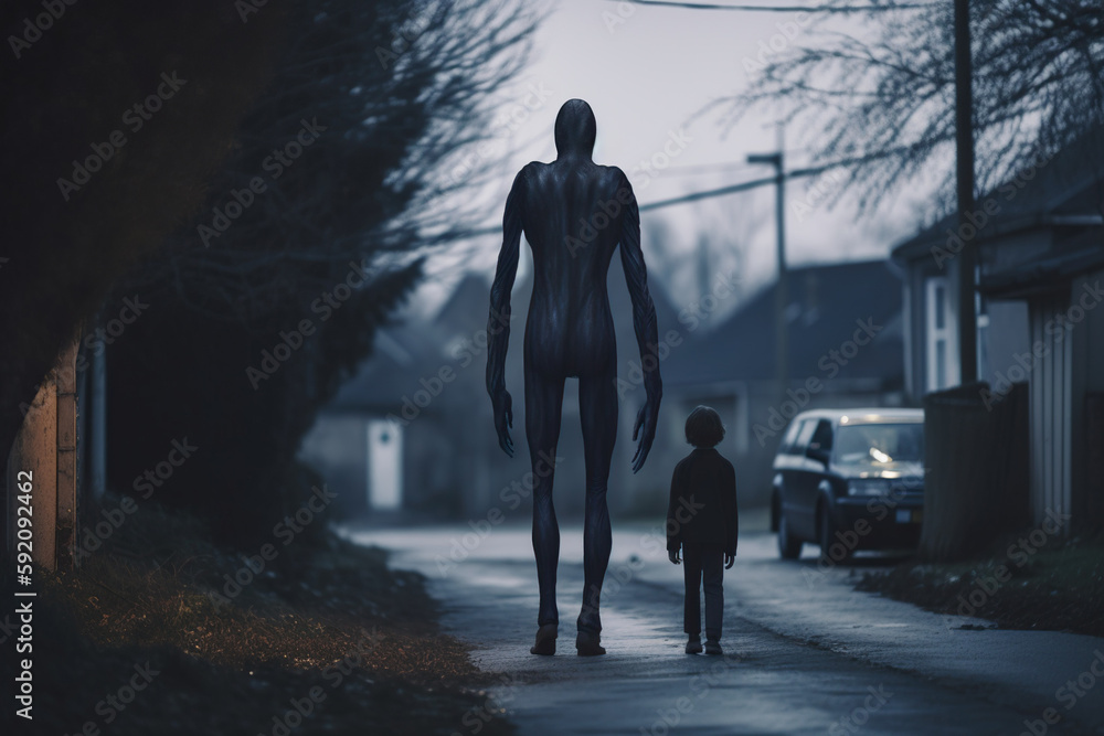 Slender man following child on street back view, created with ...