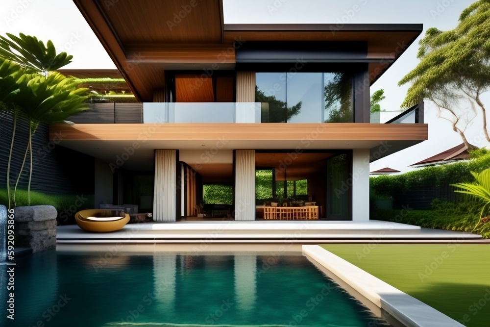 Design a modern house with seaview in balinese style and stone wall ...