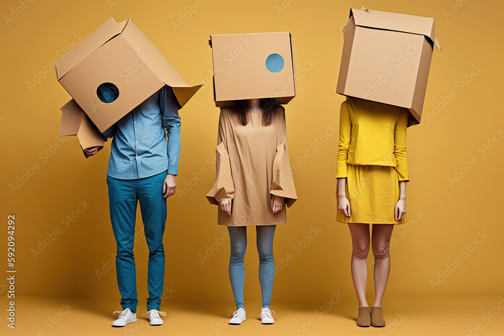 Group studio portrait of people with cardboard boxes instead of head ...