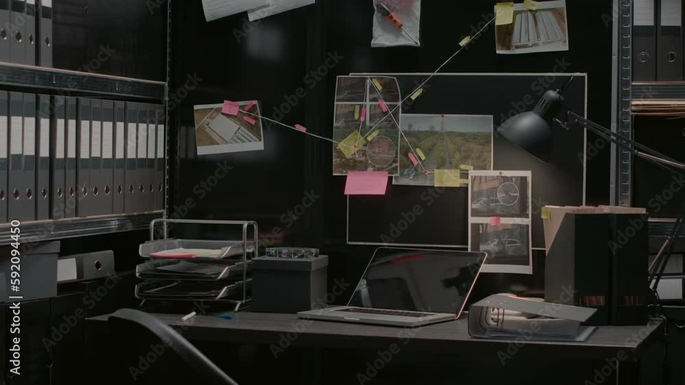 Police investigation office with research board and desk, criminal ...