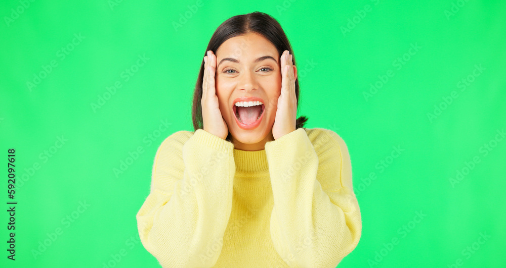 Green screen, surprise and wow face of woman for news, announcement and ...