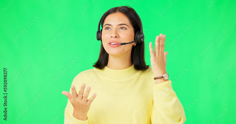 Woman, call center and consulting with headphones on green screen in ...