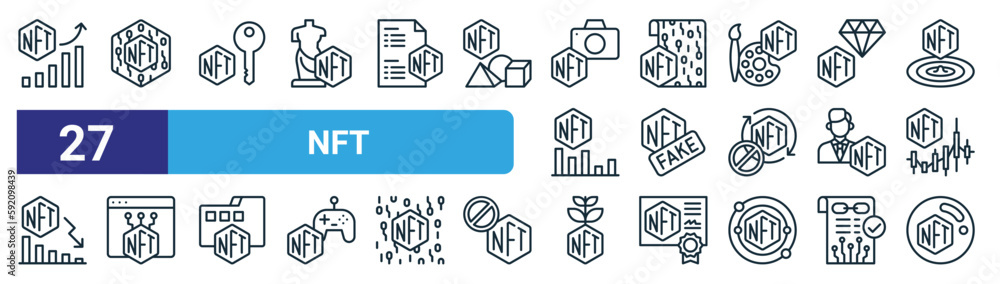 set of 27 outline web nft icons such as increase volume, token, key, file, fake, browser ...