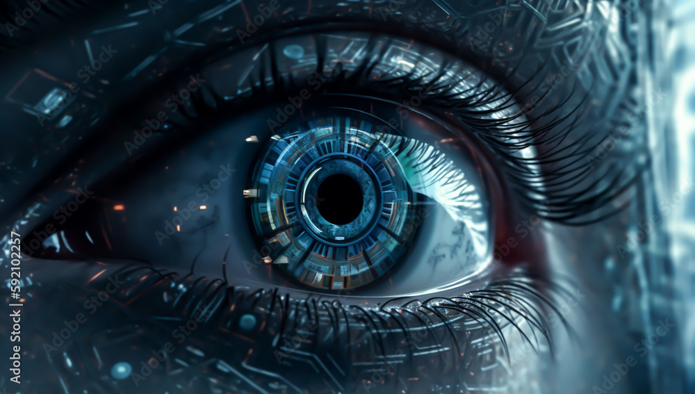 an eye with a virtual map arrows and symbols, in a digital world ...