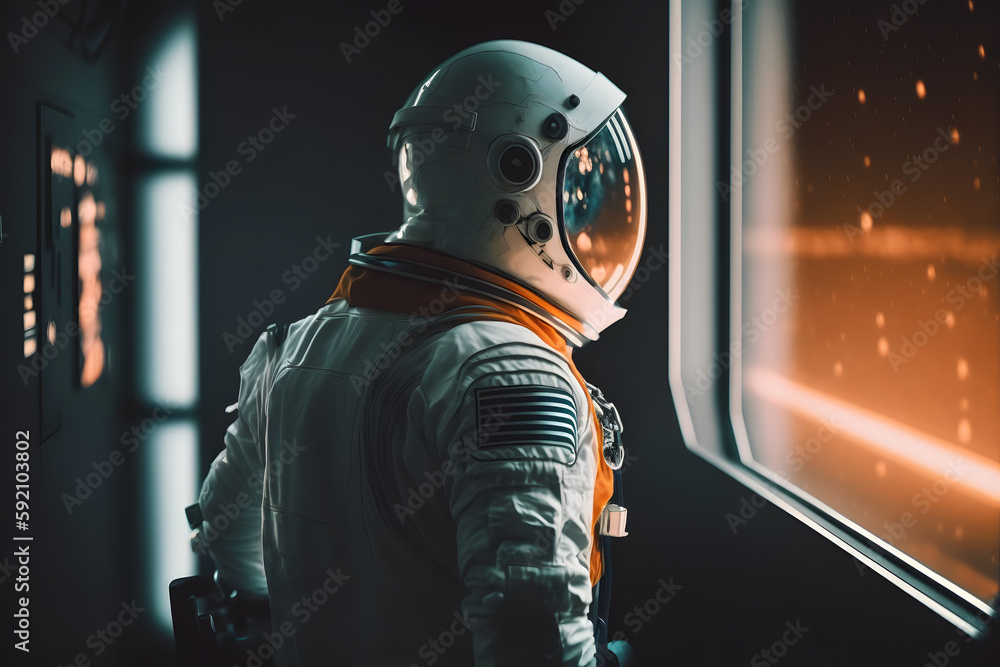Portrait of Caucasian male astronaut inside spaceship cockpit. Sci-fi ...