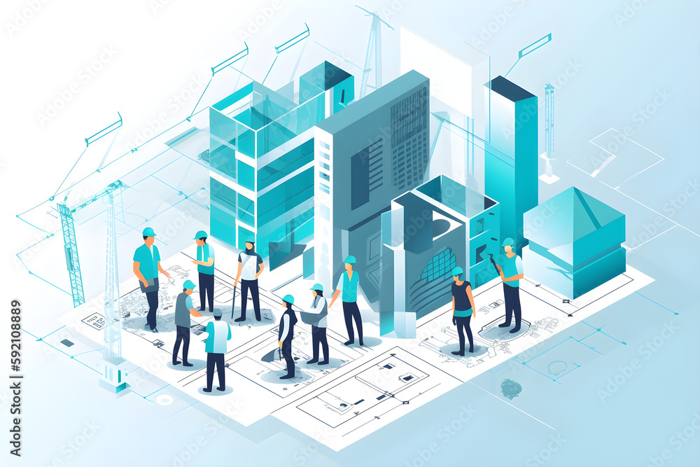 Flat vector illustration Architects, construction workers and people ...