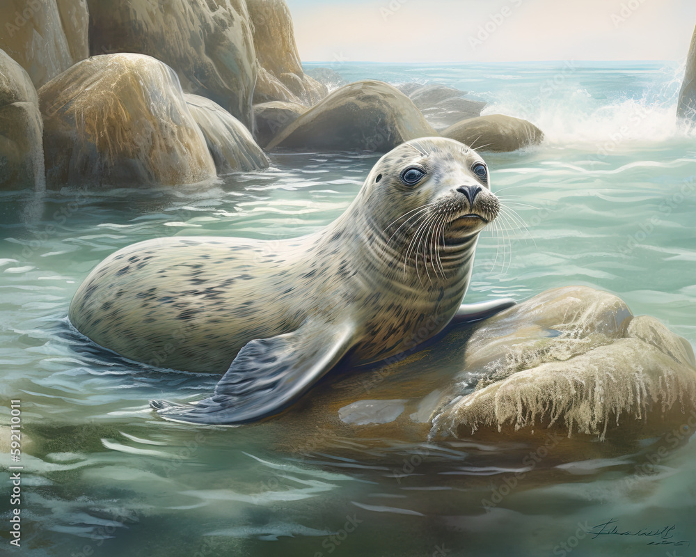 Underwater Dream: Realistic Seal Illustration in Oceanic Habitat Stock ...