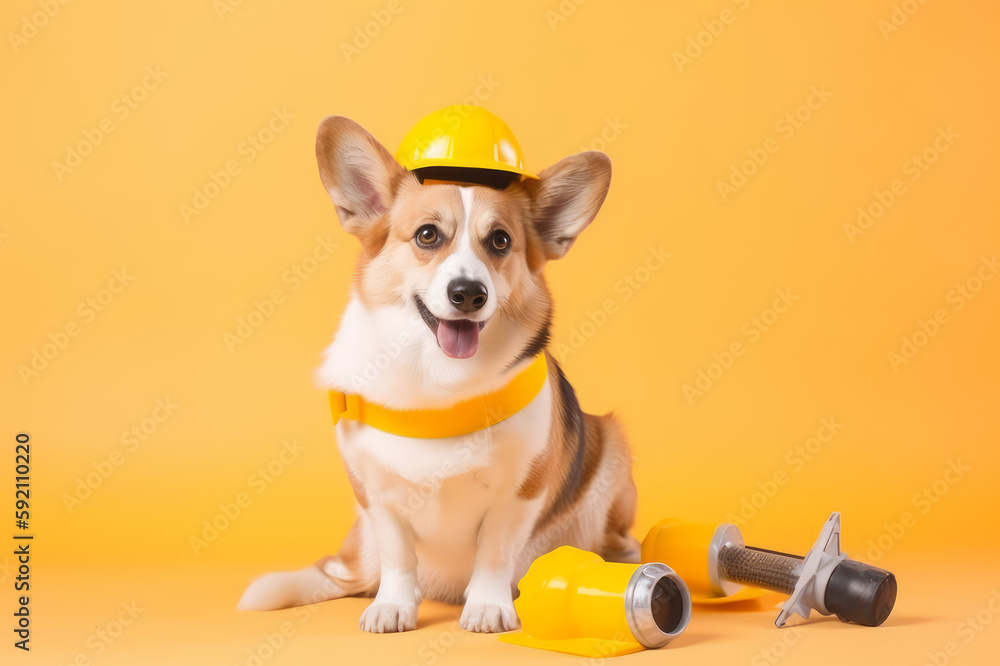 Cute corgi dog in a yellow construction helmet . Created using ...