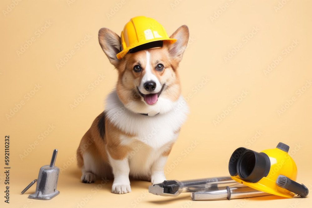Cute corgi dog in a yellow construction helmet . Created using ...