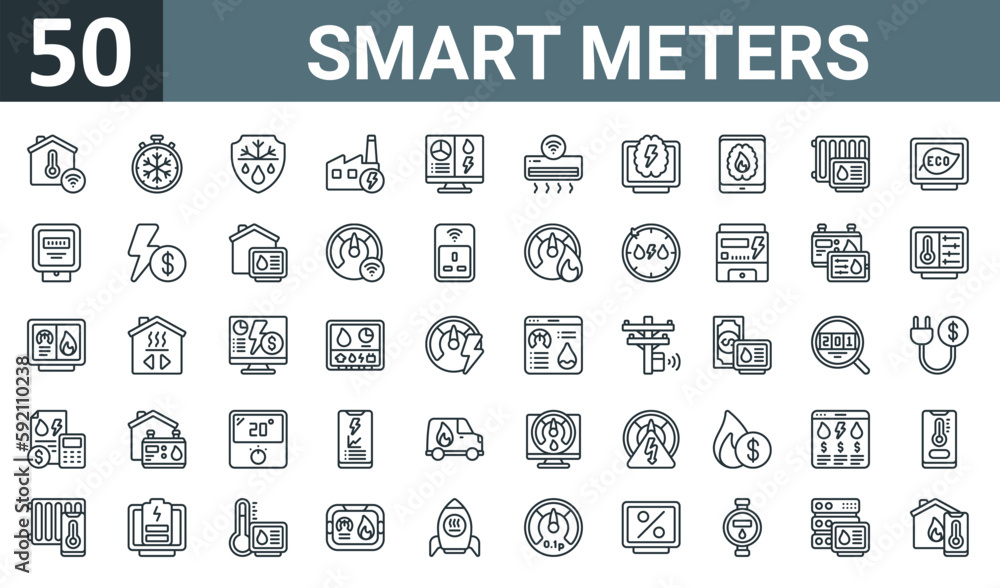 Vetor de set of 50 outline web smart meters icons such as home, timer ...