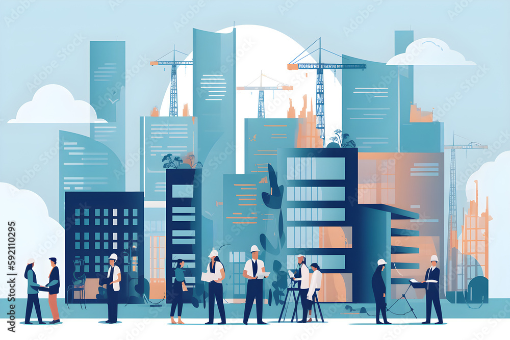 Flat vector illustration Architects, construction workers and people ...