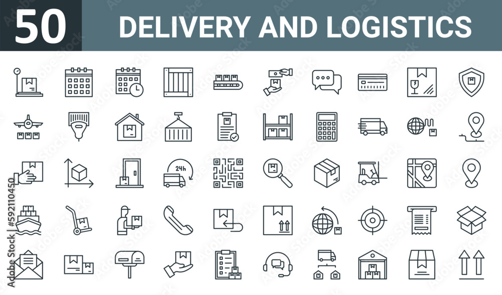 set of 50 outline web delivery and logistics icons such as weight scale ...