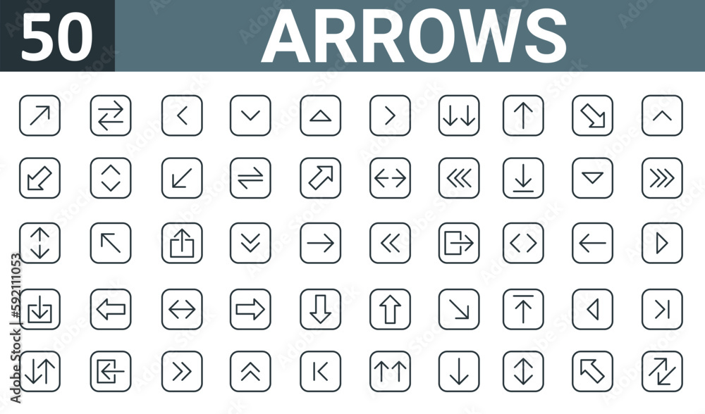 set of 50 outline web arrows icons such as up right arrow, right and left, left arrow, down ...