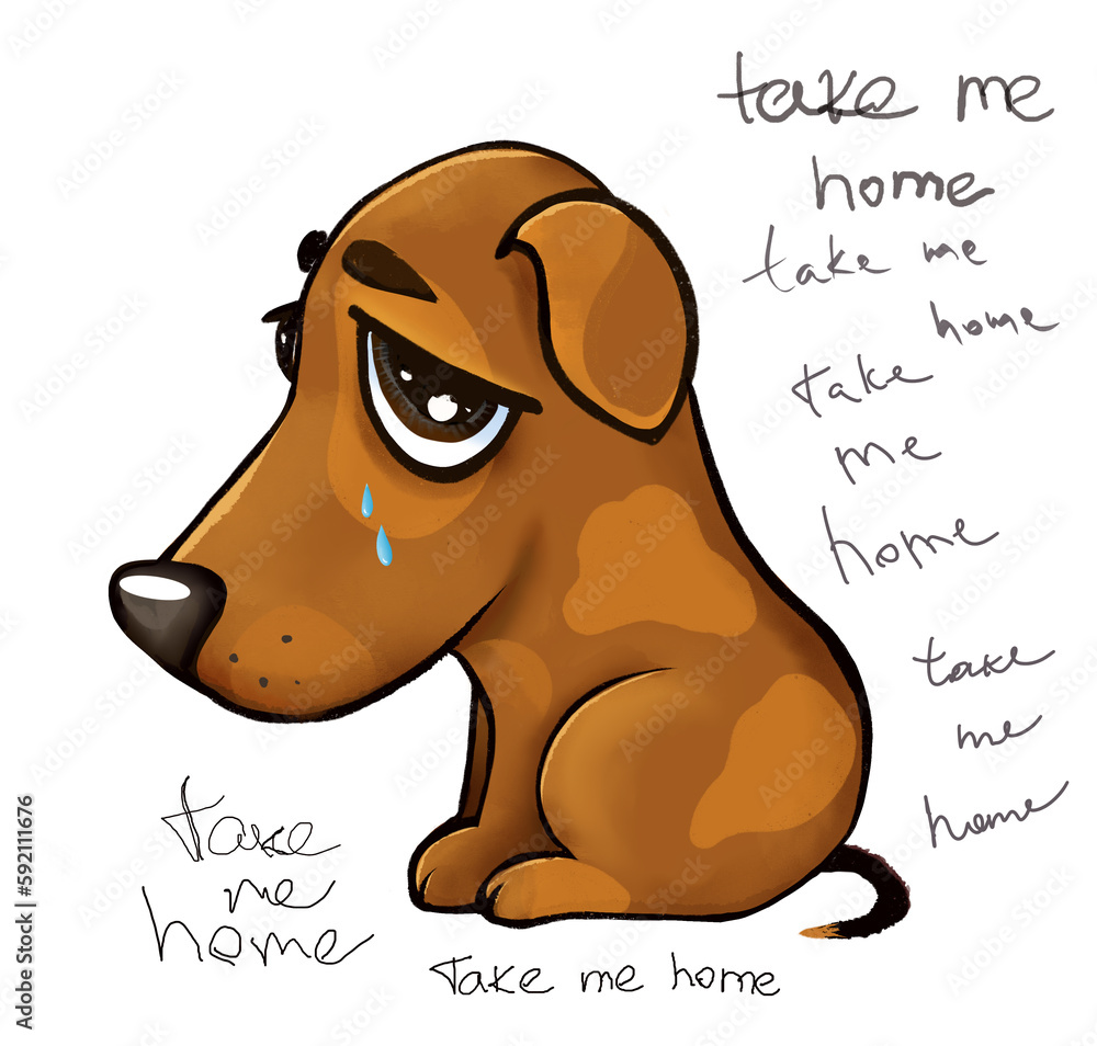Cute, sad, crying puppy dog with background text "take me home ...