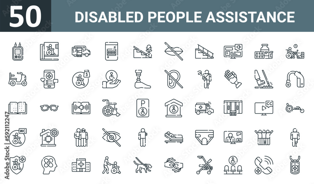 set of 50 outline web disabled people assistance icons such as device ...