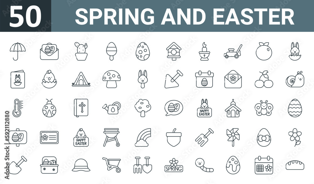 set of 50 outline web spring and easter icons such as umbrella, mail ...